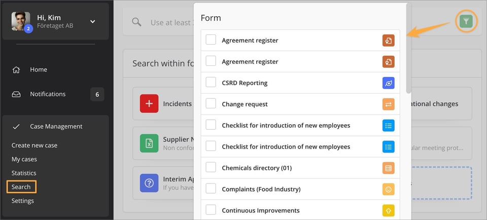Quick search in Case, use the filter function